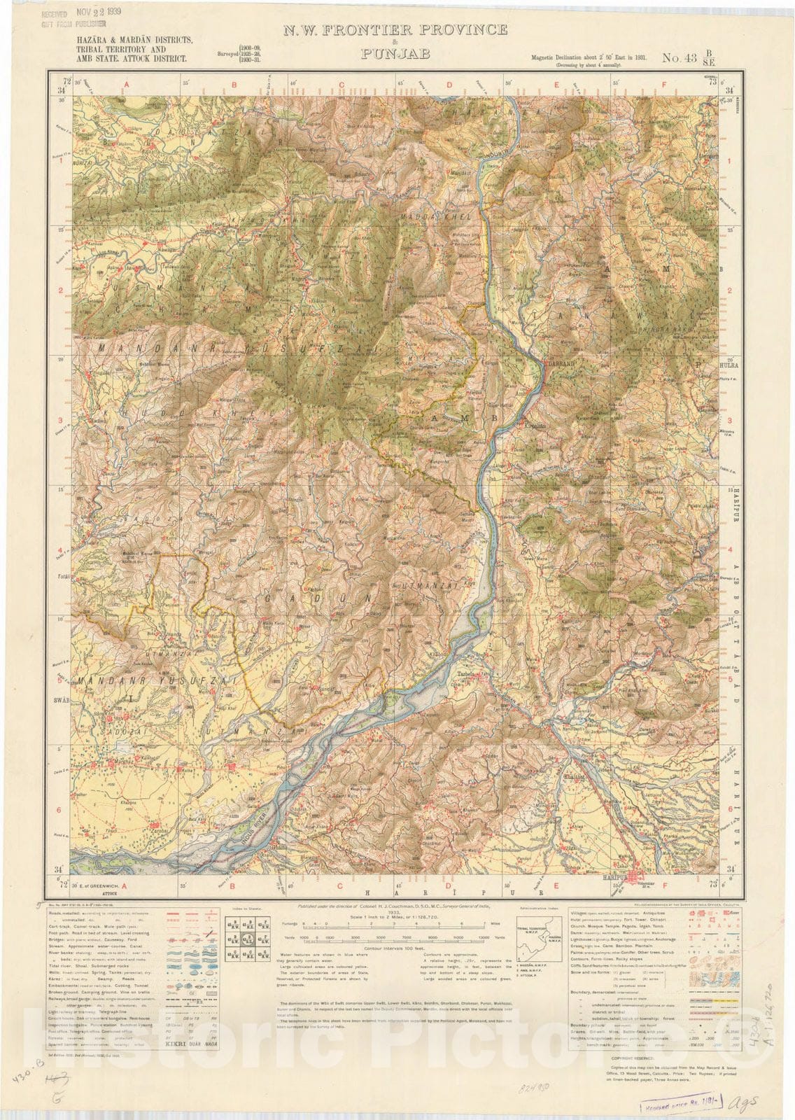 Map : Hazara & Mardan Districts, Tribal Territory and Amb State, Attoc ...