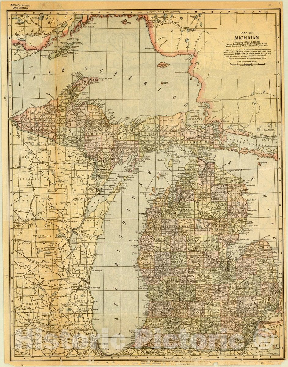 Map : Michigan 1900, Map of Michigan , Antique Vintage Reproduction ...