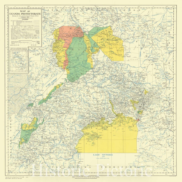Map : Uganda 1929, Map of Uganda Protectorate , Antique Vintage Reprod ...