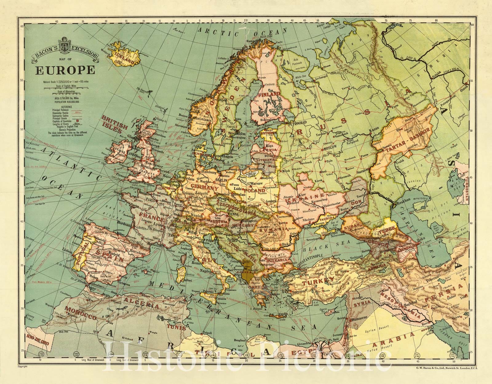 Map : Europe 1920, Bacon's excelsior map of Europe, Antique Vintage Re ...