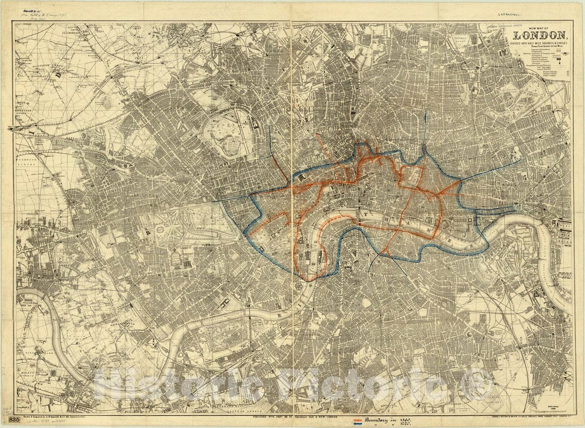 Map : London, England 1875, New map of London, divided into half mile ...