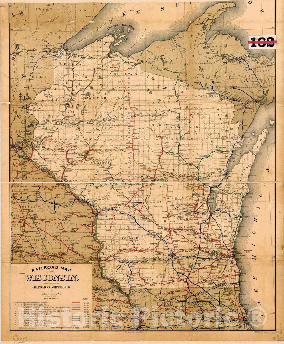 Map : Wisconsin 1887, Railroad map of Wisconsin , Antique Vintage Repr ...