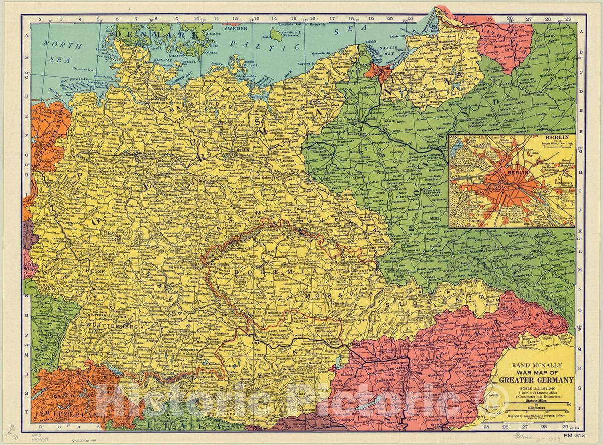 Map : Europe 1939, Rand McNally war map of greater Germany, Antique Vi ...