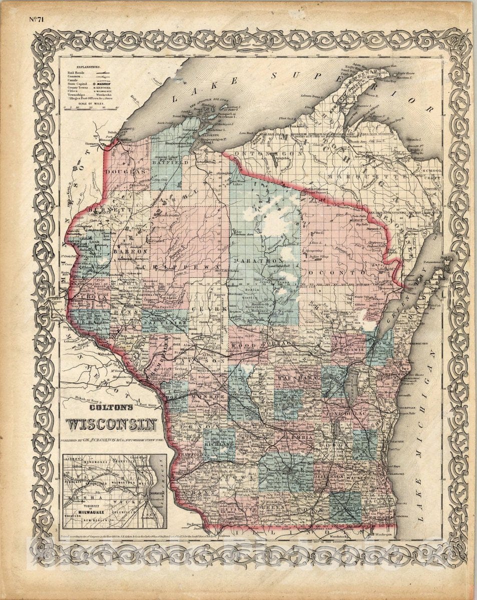 Map : Wisconsin 1855, Colton's Wisconsin , Antique Vintage Reproductio ...