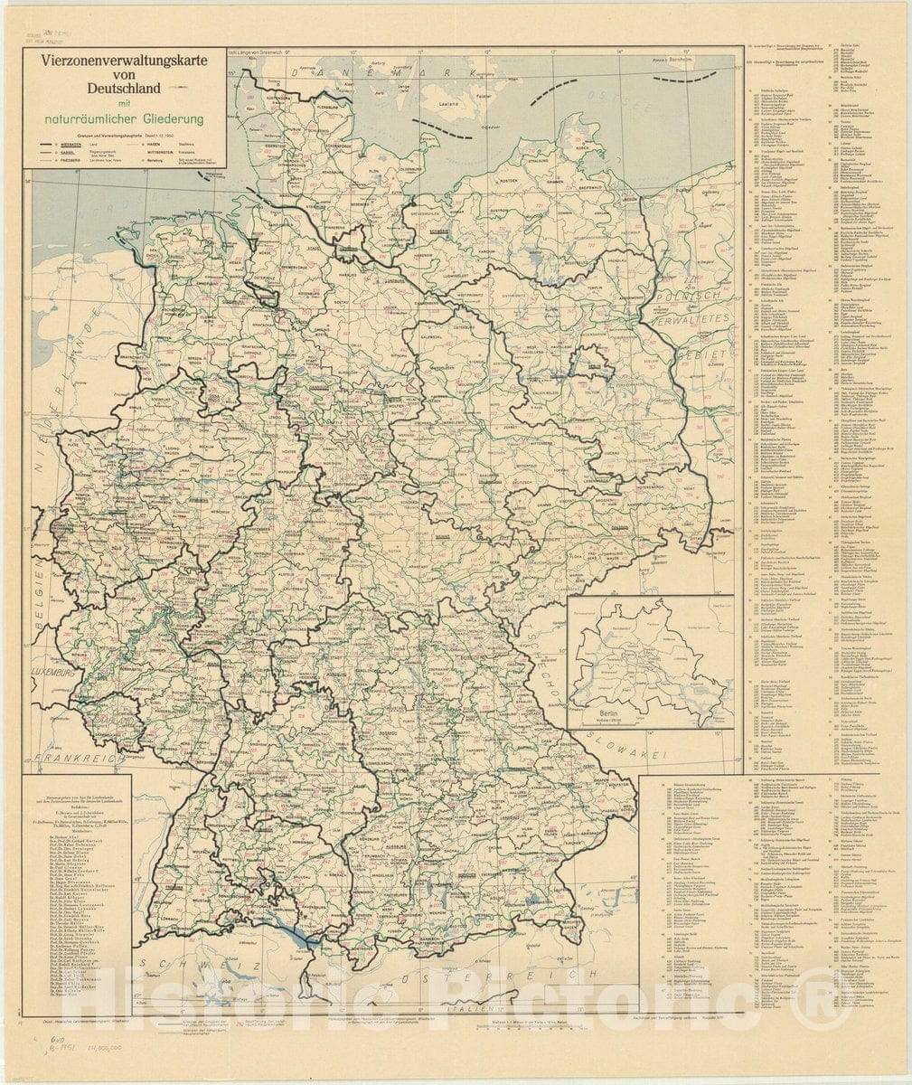 Map : Germany 1951, Vierzonenverwaltungskarte von Deutschland mit natu ...