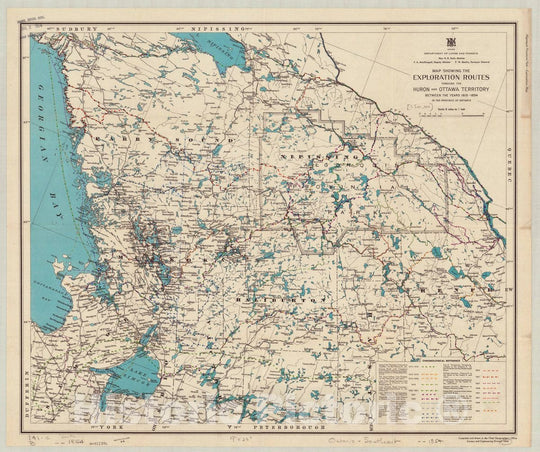 Map : Ontario, Canada 1615 1946, Map showing the exploration routes th ...