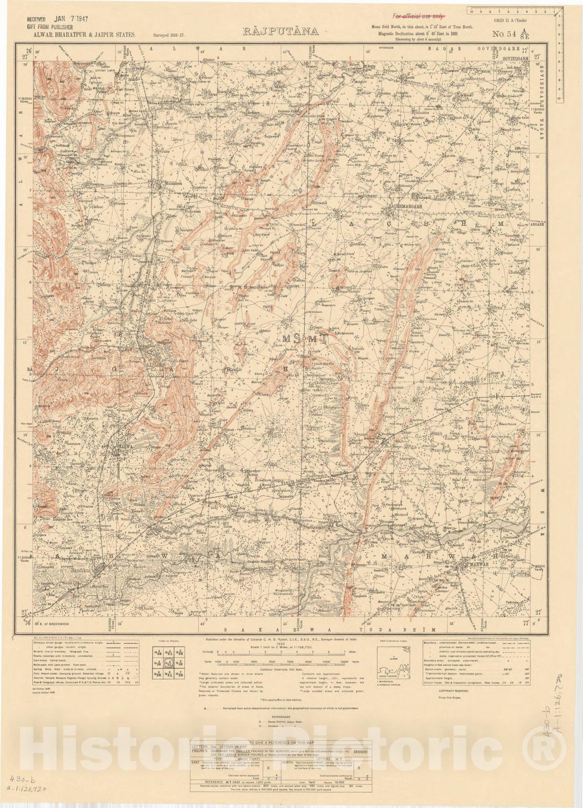 Map : Alwar, Bharatpur & Jaipur States, Rajputana, No. 54 A/S.E. 1920 ...