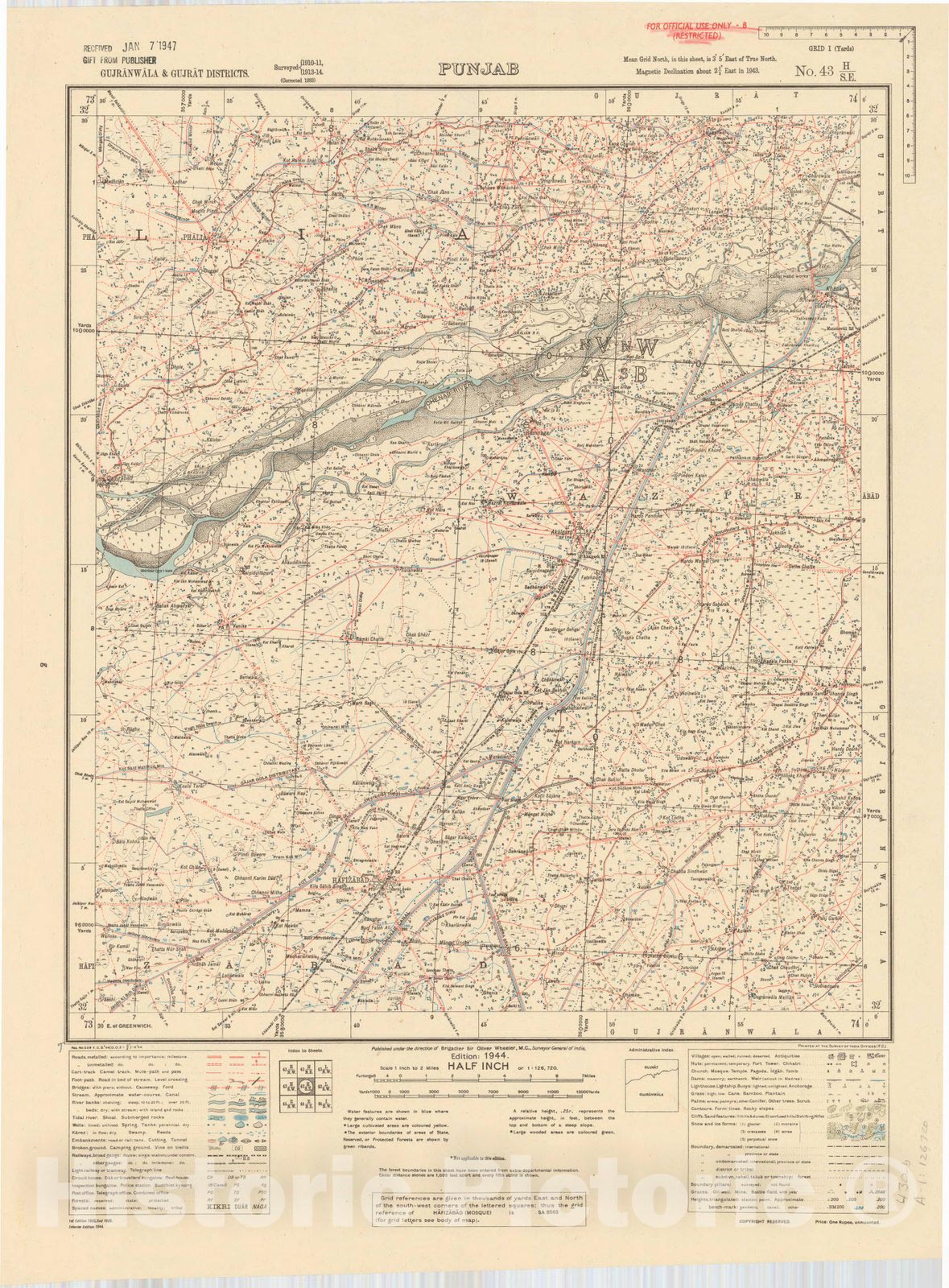 Map : Gujranwala & Gujrat Districts, Punjab, No. 43 H/S.E. 1944, India ...