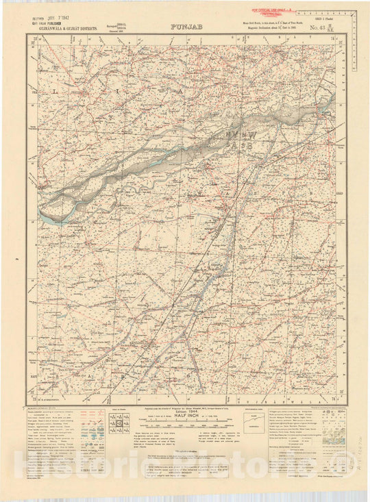Map : Gujranwala & Gujrat Districts, Punjab, No. 43 H/S.E. 1944, India ...
