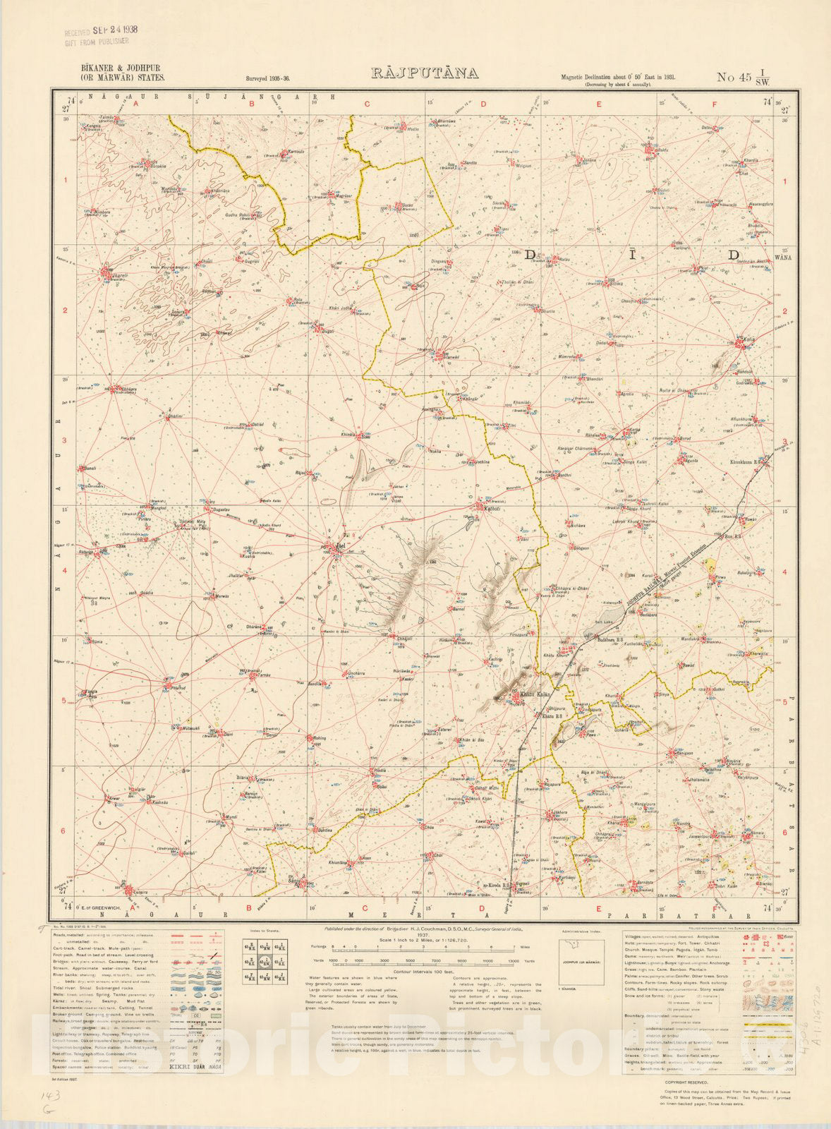 Map : Bikaner & Jodhpur (or Marwar) States, Rajputana, No. 45 I/S.W. 1 ...