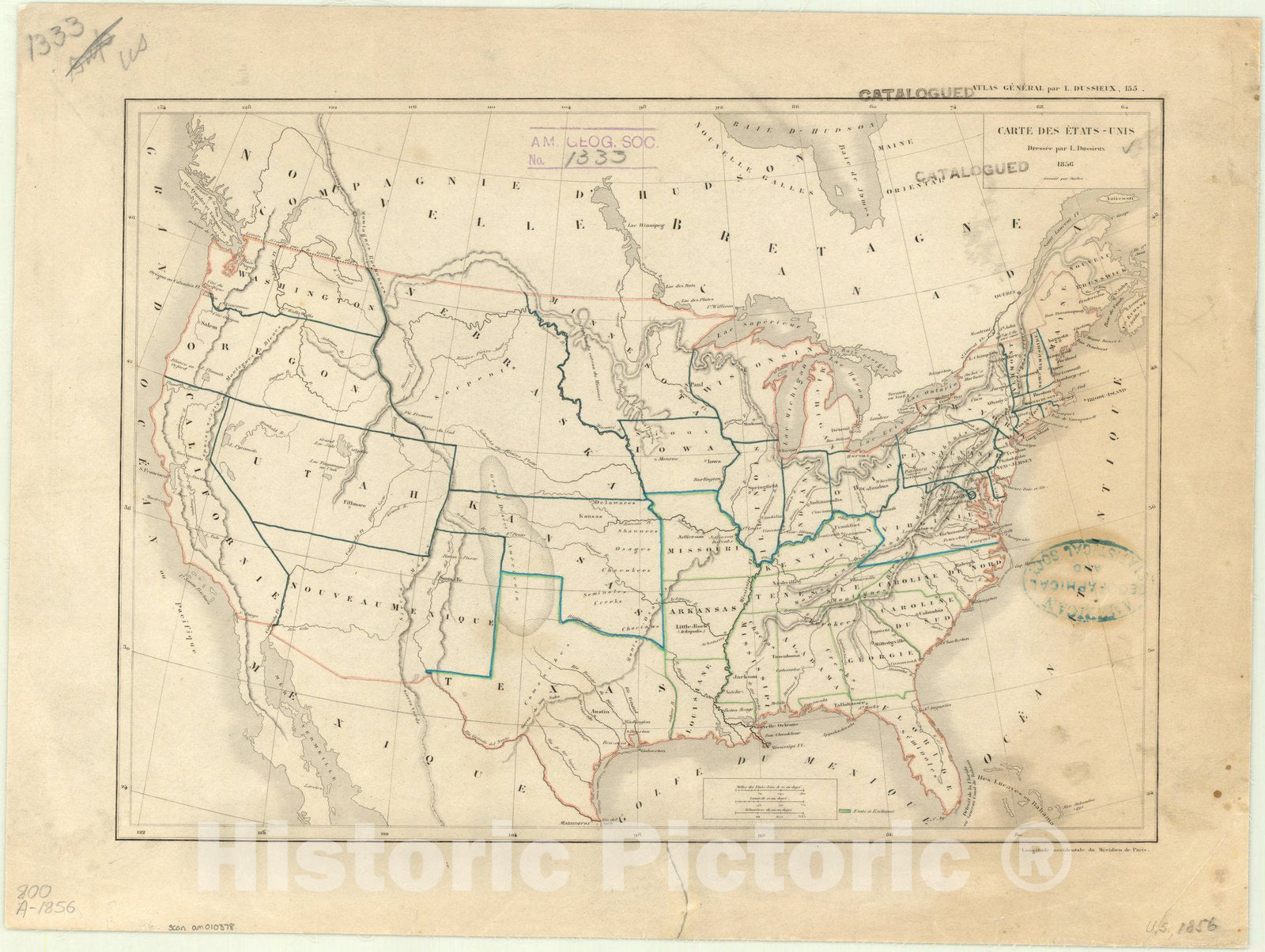 Map : United States 1856, Carte des Etats-Unis , Antique Vintage Repro ...