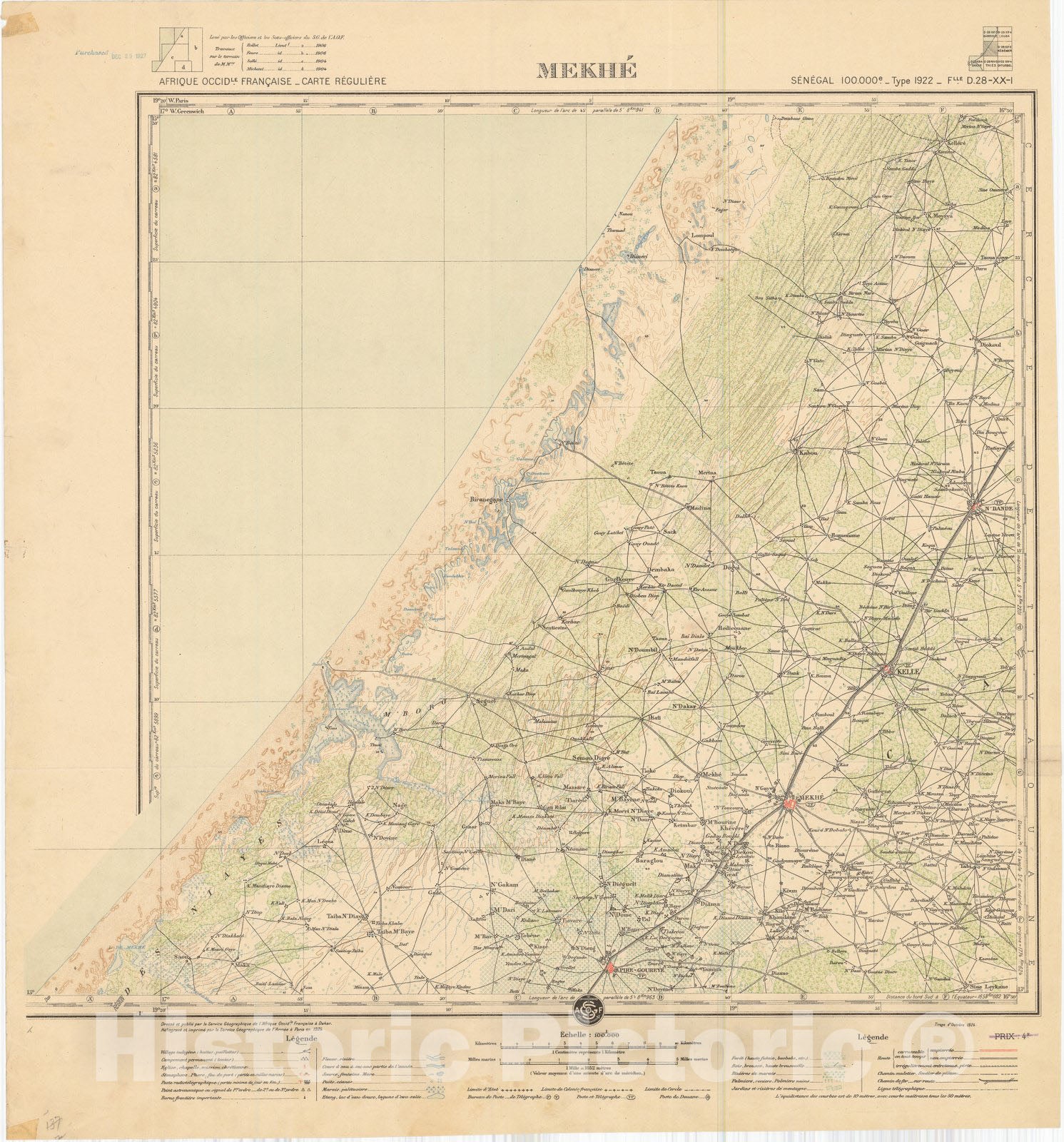 Map : Mekhe, Senegal 1924, Afrique Occidle. Francaise, carte reguliere ...