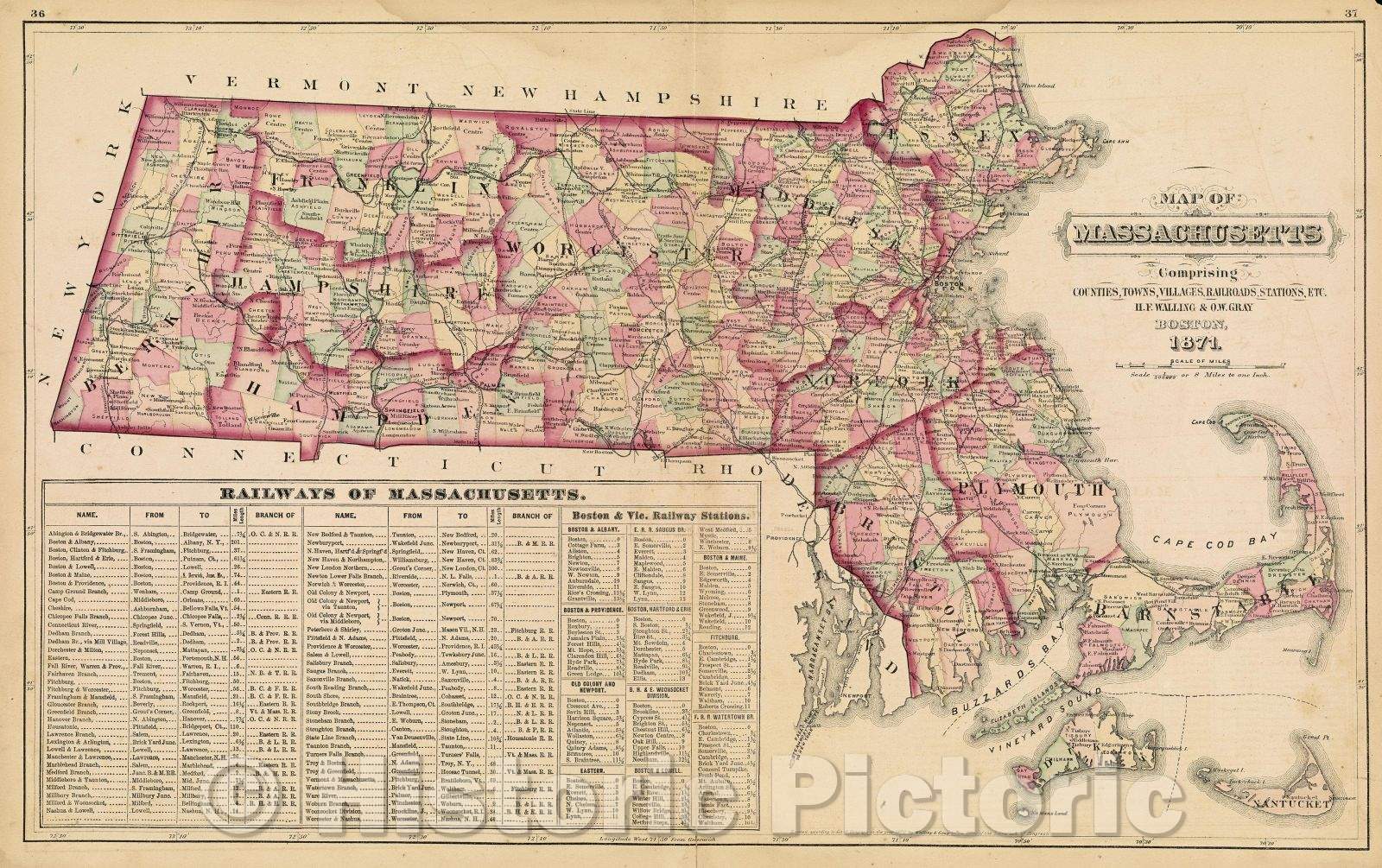 Historic Map : Map of Massachusetts Comprising Counties, Towns, Villag ...