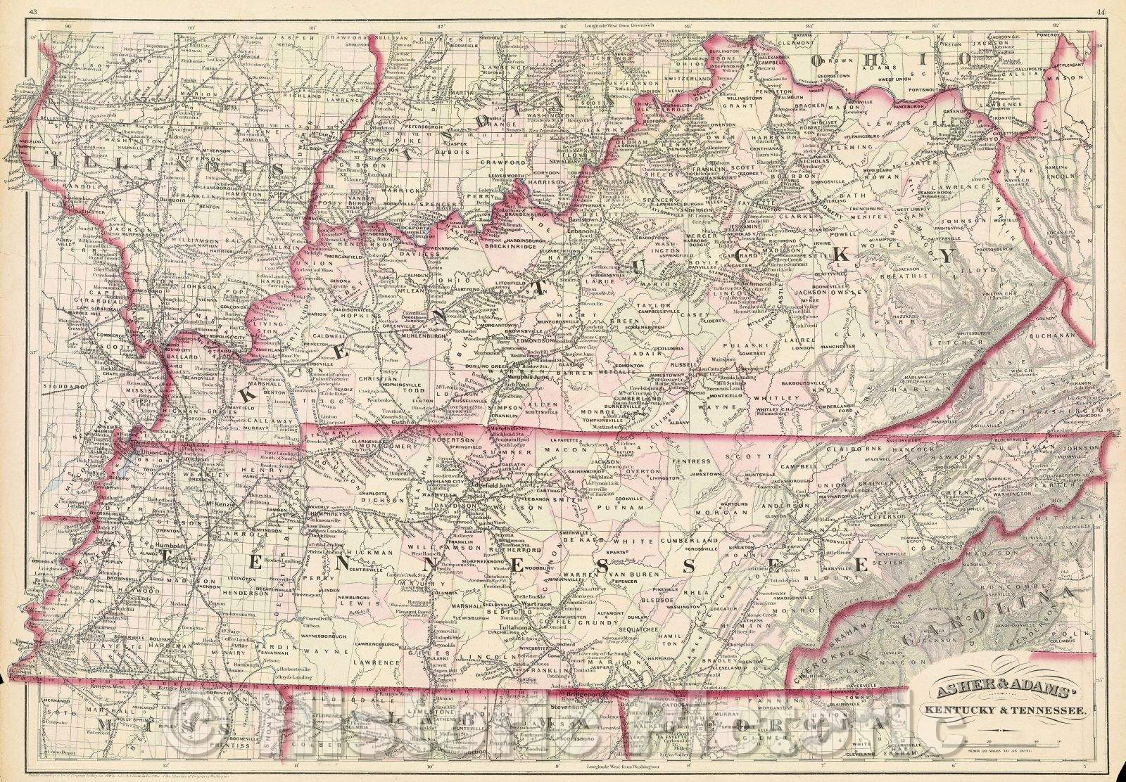Historic Map : Asher and Adams' Kentucky and Tennessee., 1874 , Vintag ...