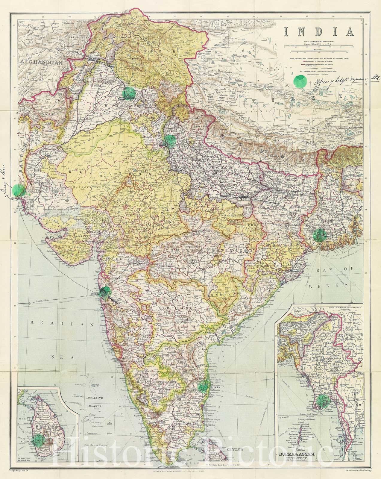 Historic Map : India with Burma and Ceylon., c. 1920 , Vintage Wall Ar ...