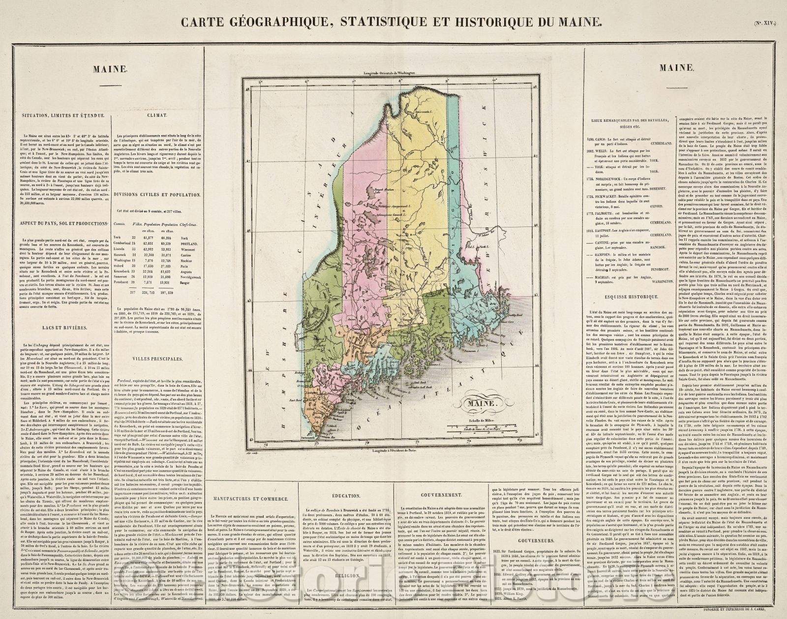 Historic Map : CARTE GEOGRAPHIQUE, STATISTIQUE ET HISTORIQUE DU MAINE ...