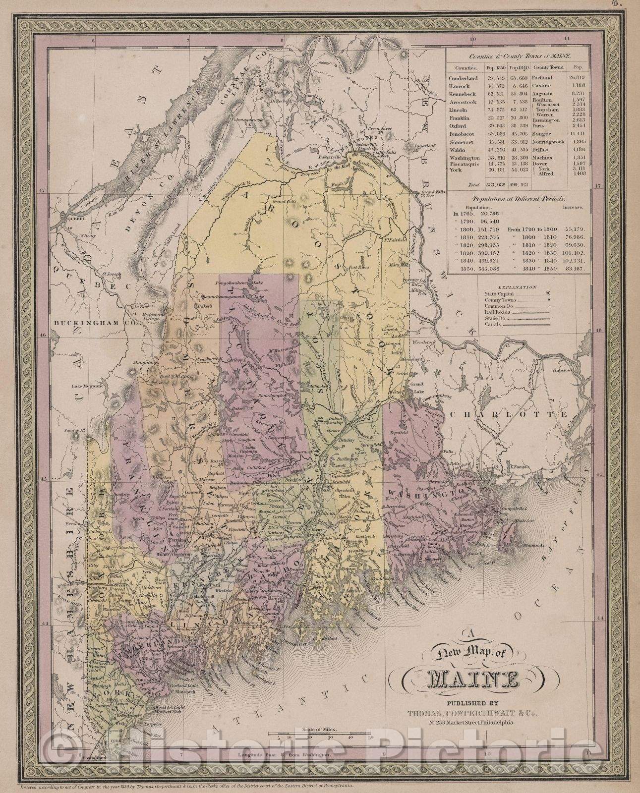 Historic Map : A New Map of Maine, 1850 , Vintage Wall Art – Historic ...