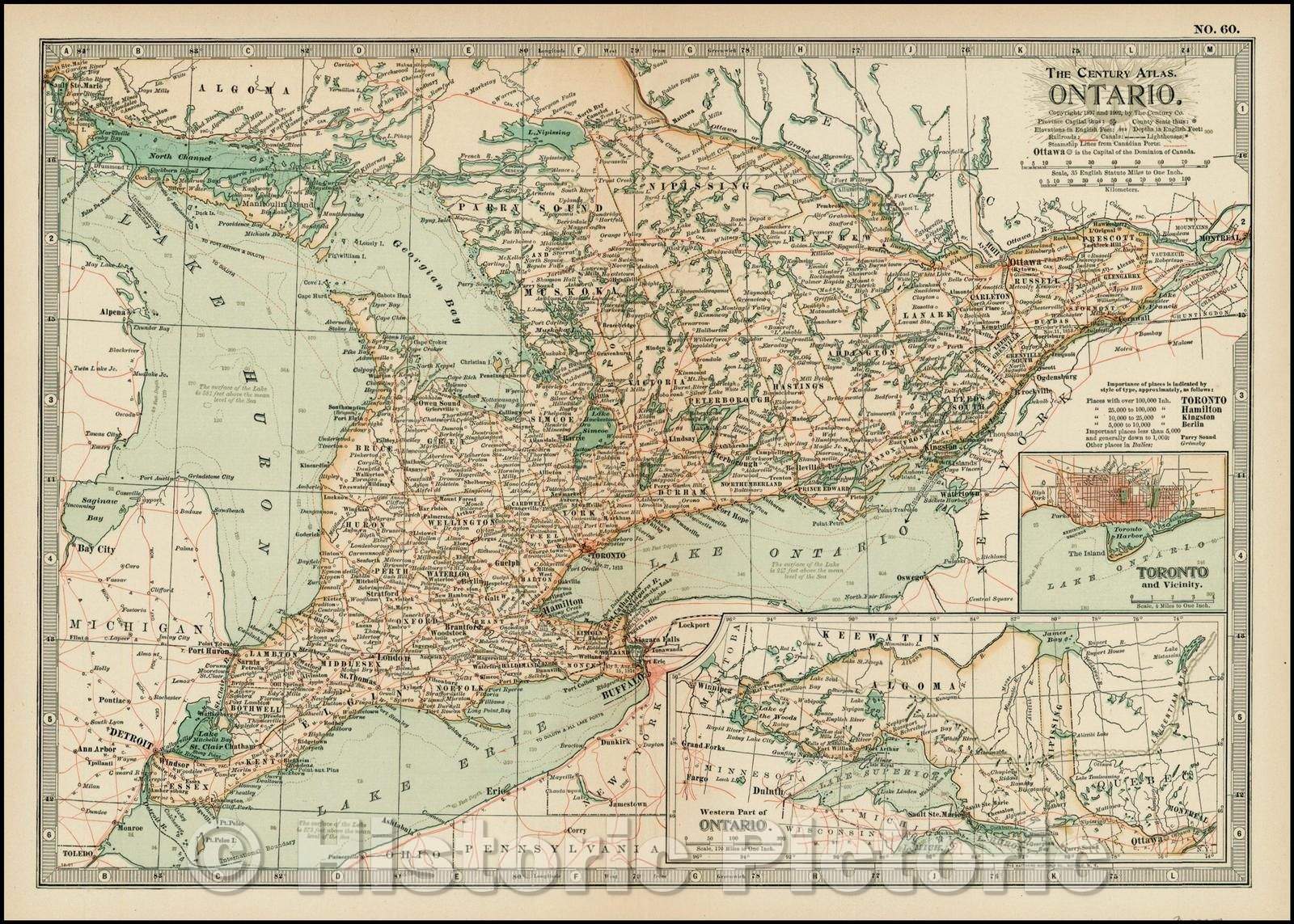 Historic Map - Ontario, 1897, The Century Company - Vintage Wall Art ...