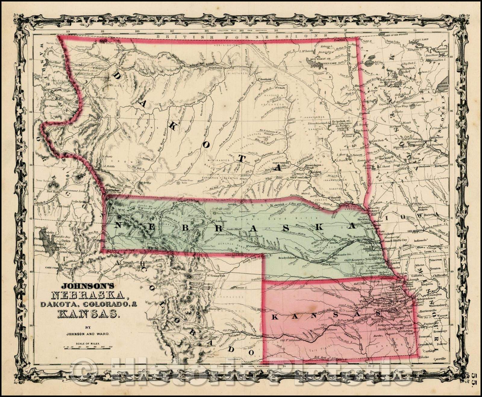 Historic Map - Johnson's Nebraska, Dakota, Colorado & Kansas, 1862, Be ...