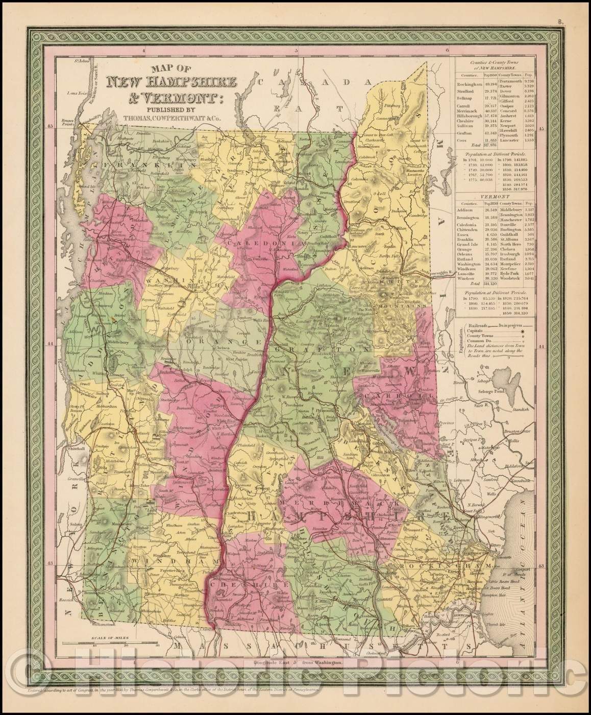 Historic Map - Map of New Hampshire & Vermont: 1850, Thomas, Cowperthw ...