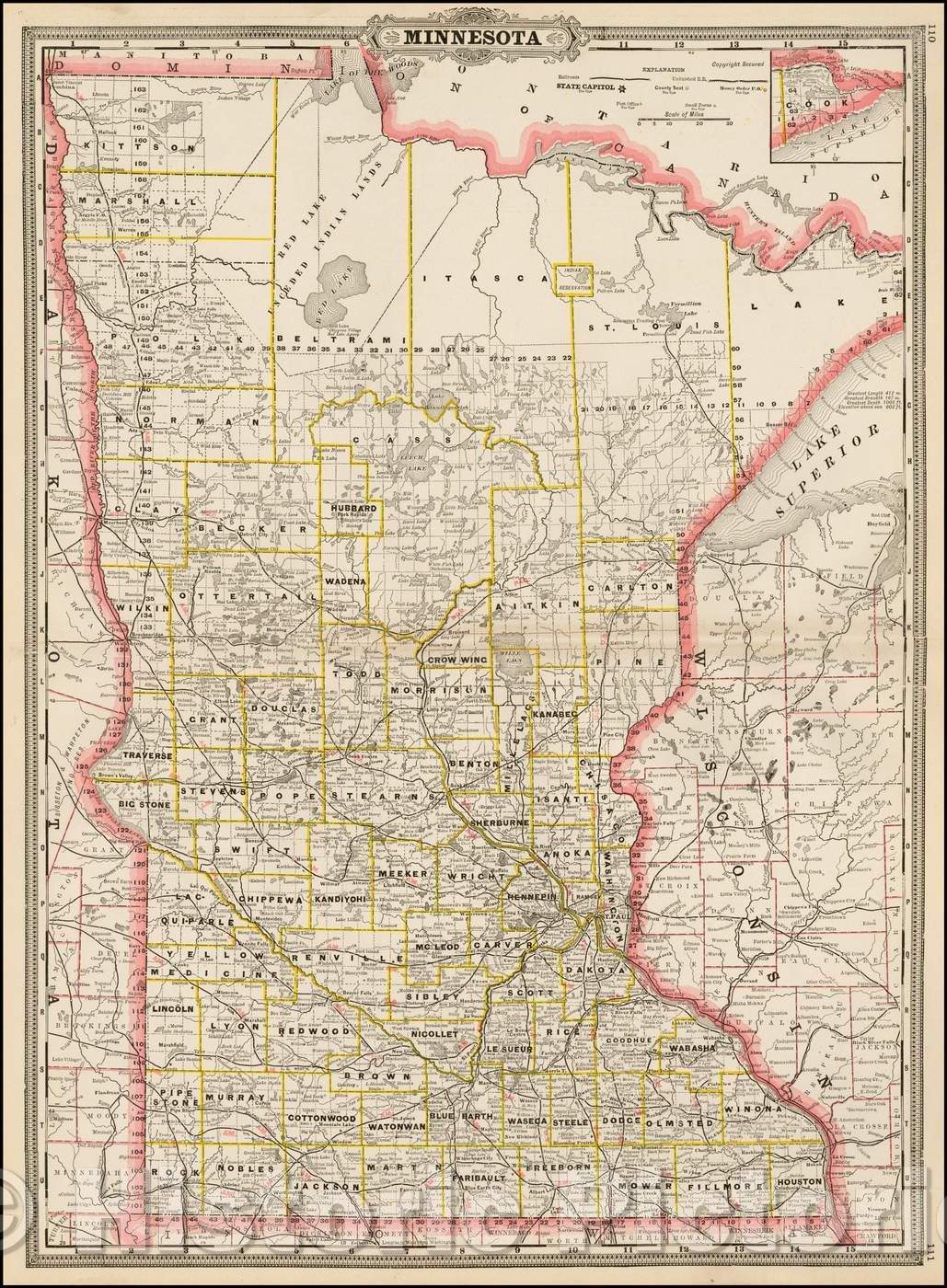 Historic Map - Minnesota, 1887, George F. Cram - Vintage Wall Art ...