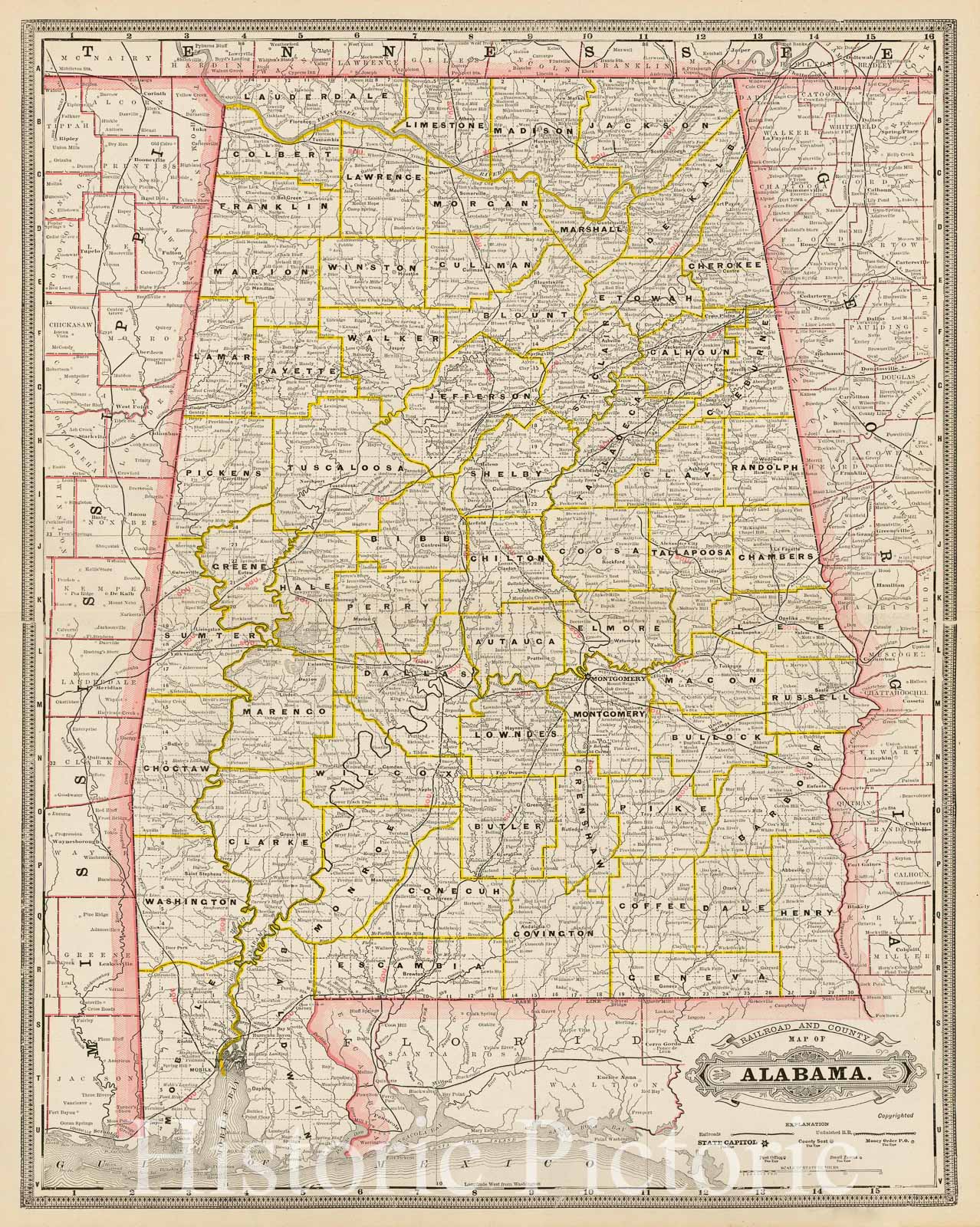 Historic Map - Railroad and County Map of Alabama, 1887, George F. Cra ...