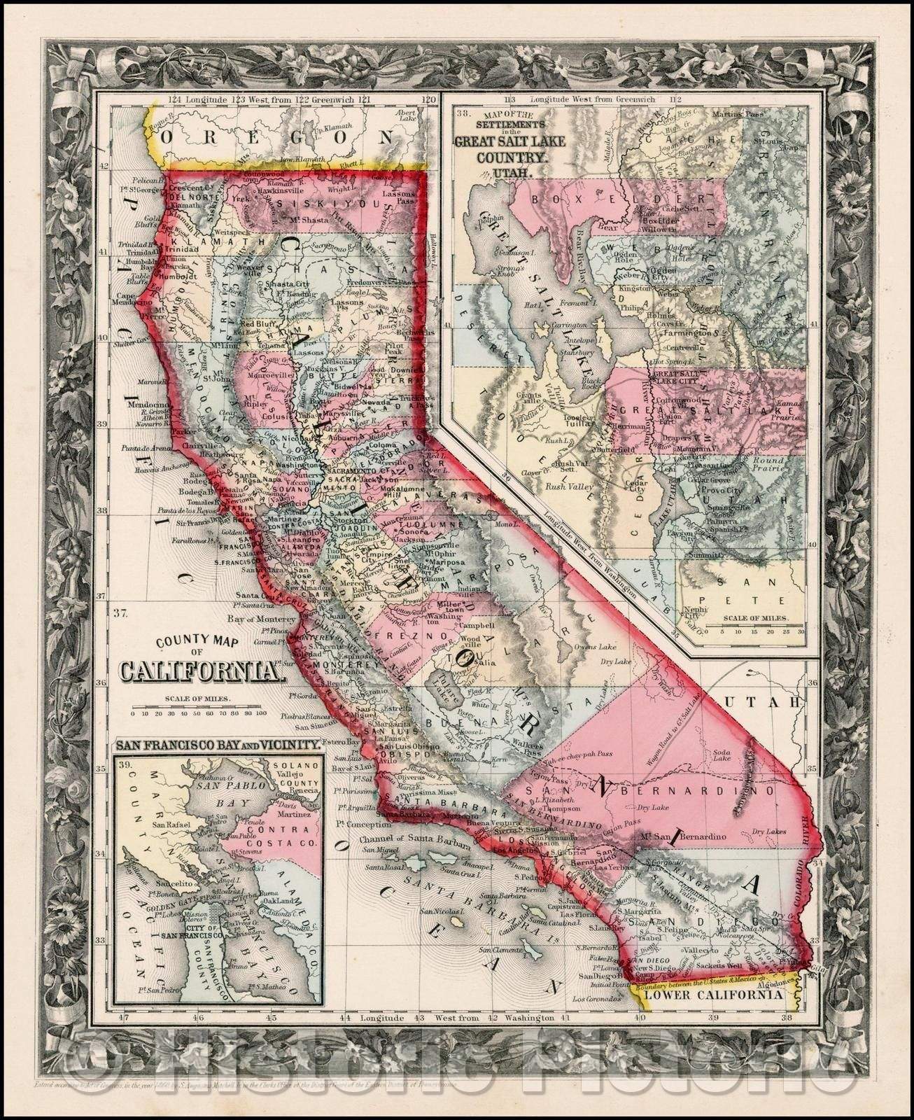 Historic Map - County Map of California, 1860, Samuel Augustus Mitchel ...