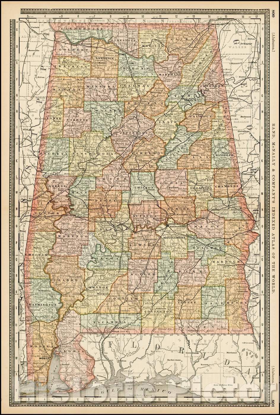 Historic Map - Alabama, 1883, Rand McNally & Company - Vintage Wall Ar ...
