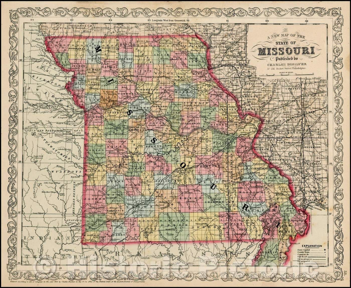 Historic Map - The State Of Missouri, 1856, Charles Desilver - Vintage ...