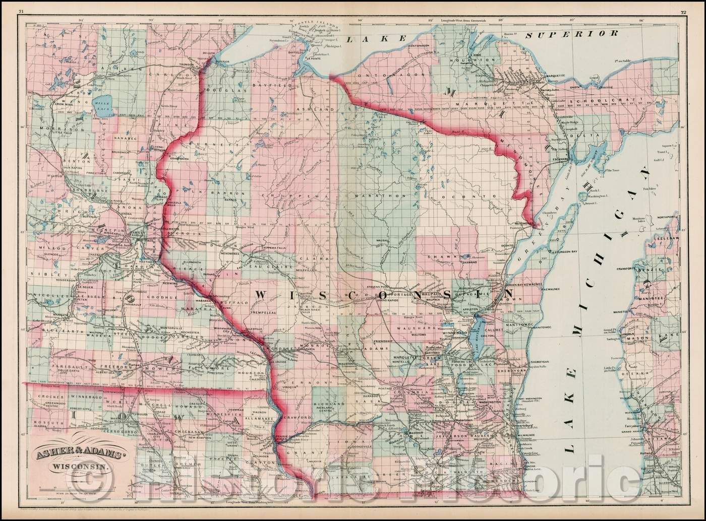 Historic Map - Asher & Adams' Wisconsin, 1872, Asher - Vintage Wall Ar ...