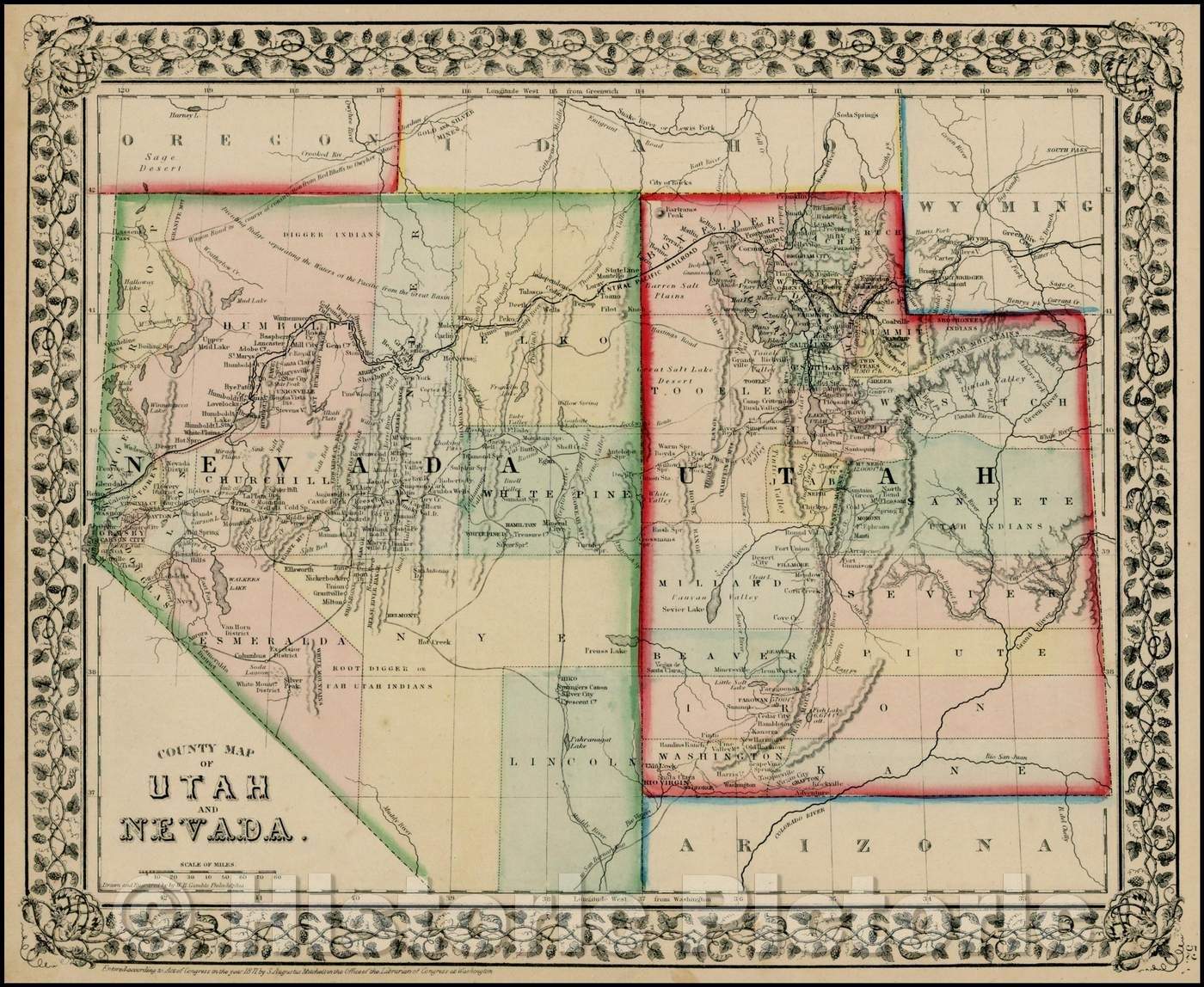 Historic Map - County Map of Utah and Nevada, 1871, Samuel Augustus Mi ...