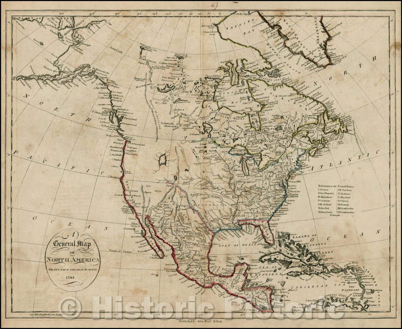 Historic Map - A General Map of North America, 1796, John Reid - Vinta ...
