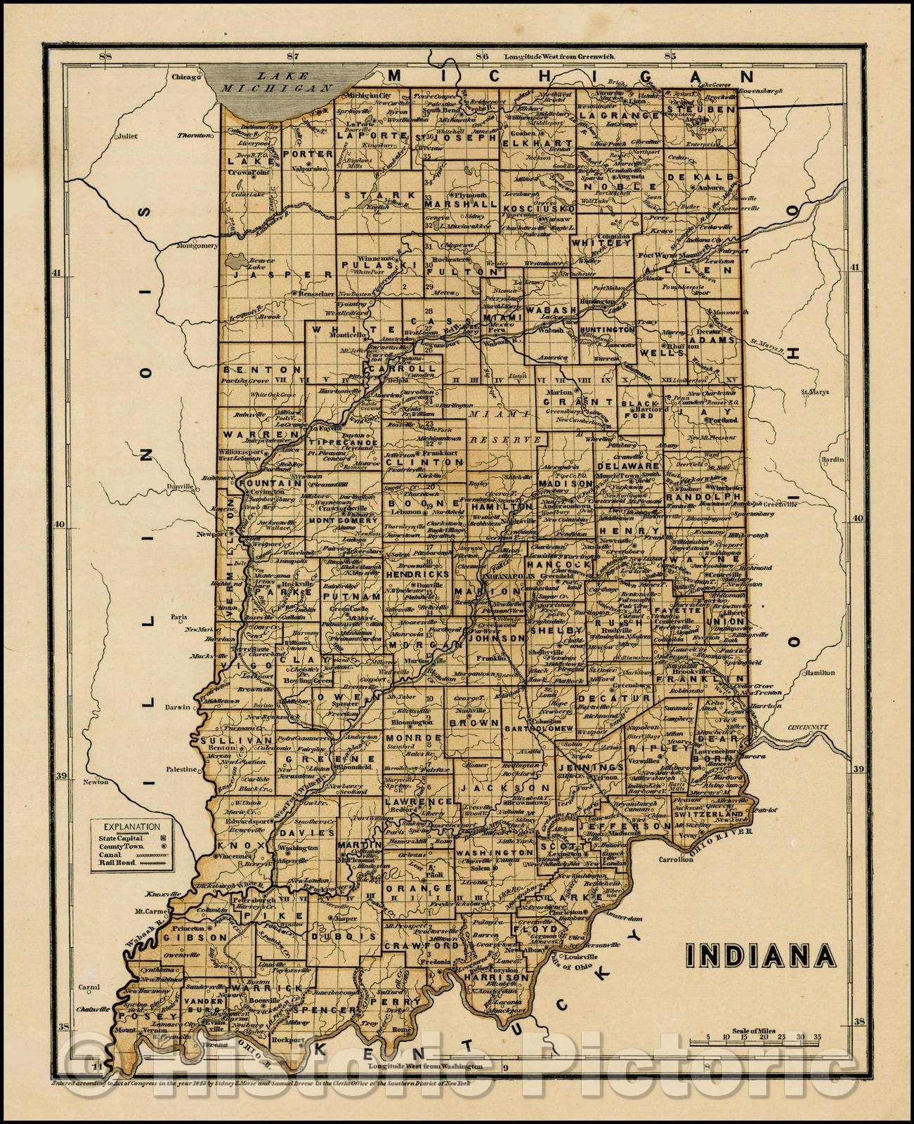 Historic Map - Indiana, 1843, Sidney Morse - Vintage Wall Art ...