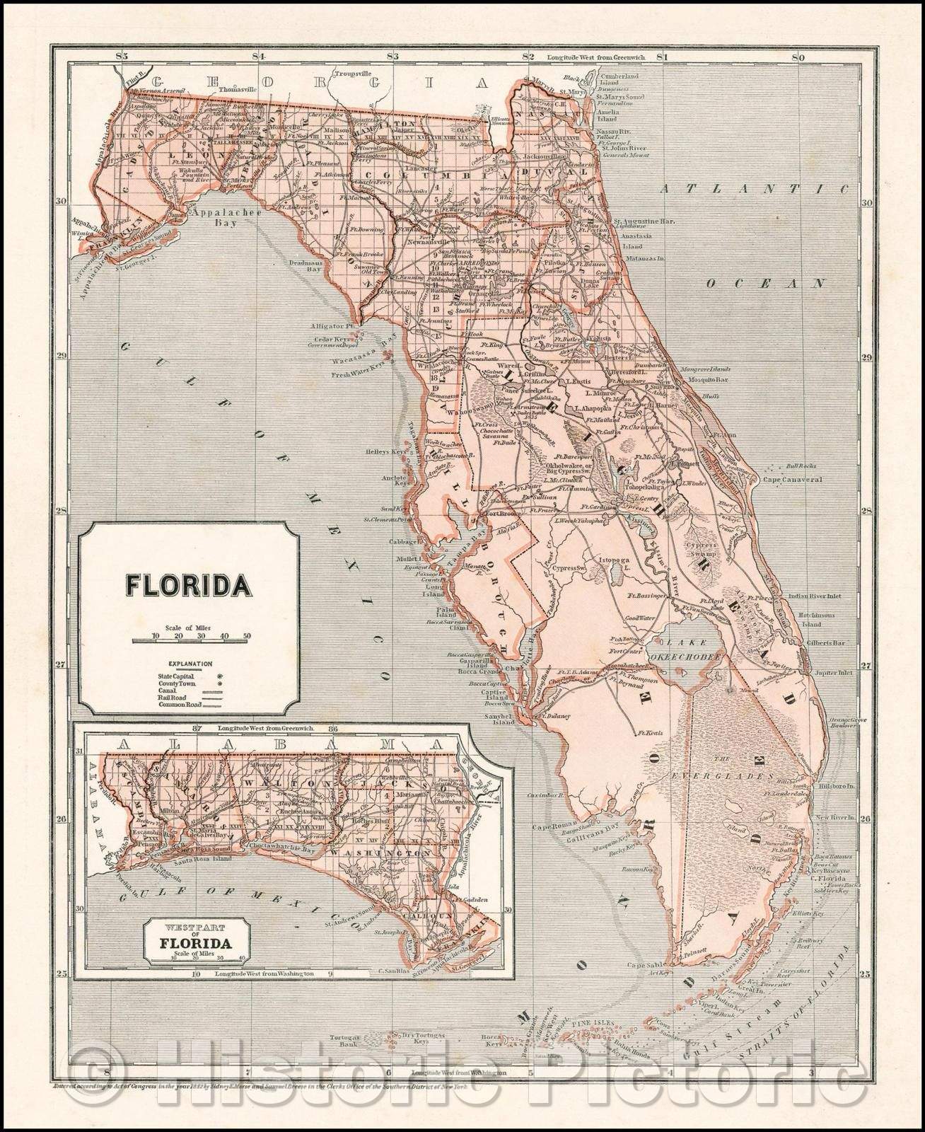 Historic Map - Florida, 1842, Sidney Morse - Vintage Wall Art ...