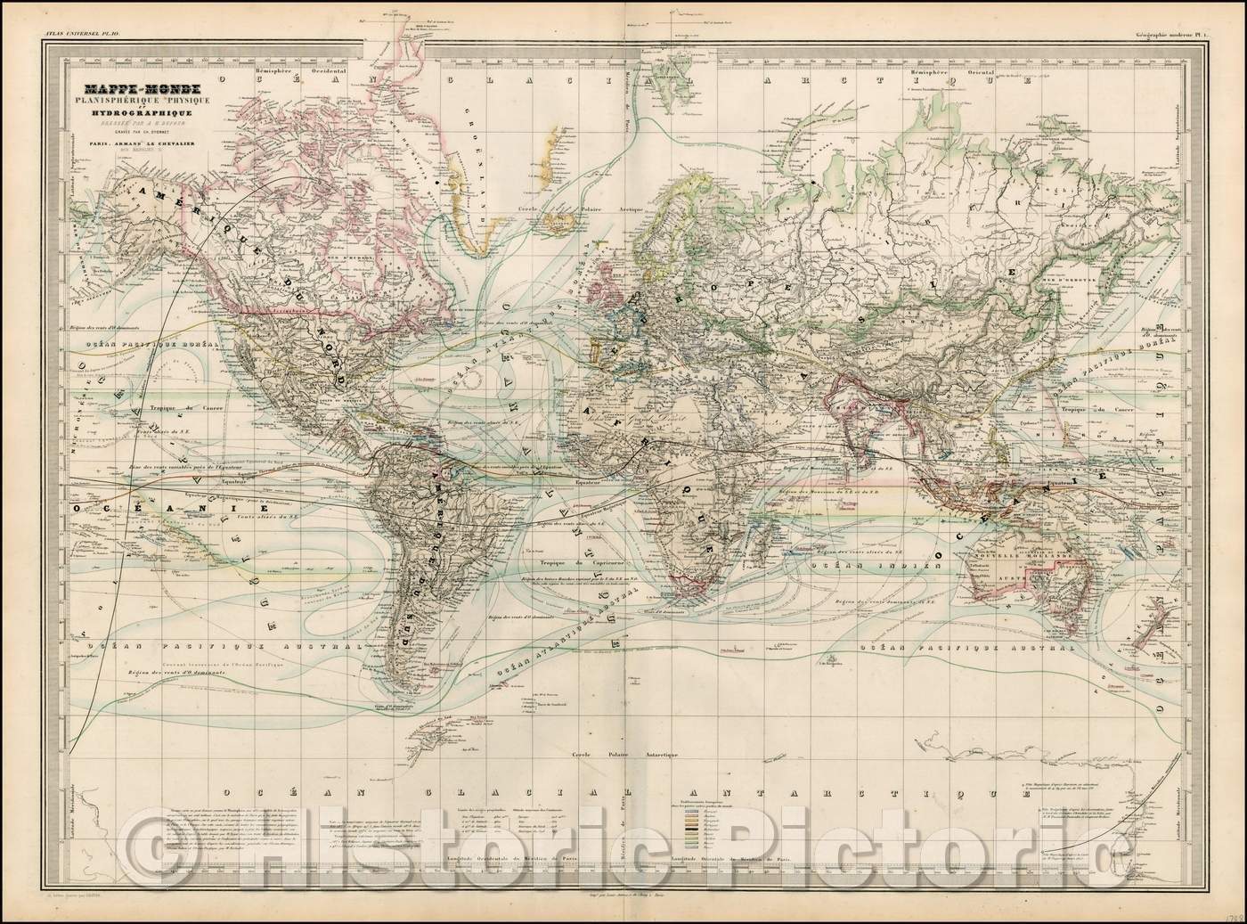 Historic Map - Mappe-Monde Planispherique Physique et Hydrographique/W - Historic Pictoric