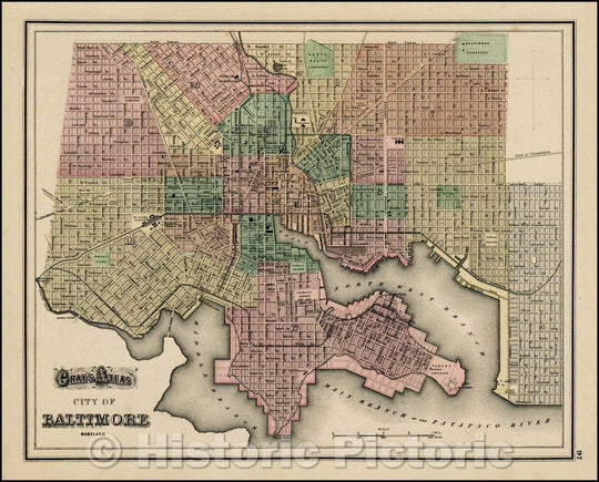 Historic Map - Gray's New Map of Baltimore, 1874, O.W. Gray - Vintage ...