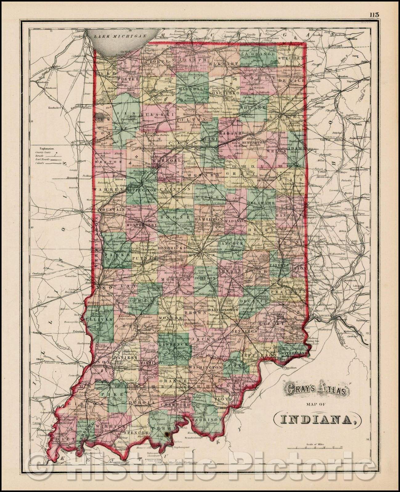 Historic Map - Gray's New Map of Indiana, 1873, O.W. Gray - Vintage Wa ...