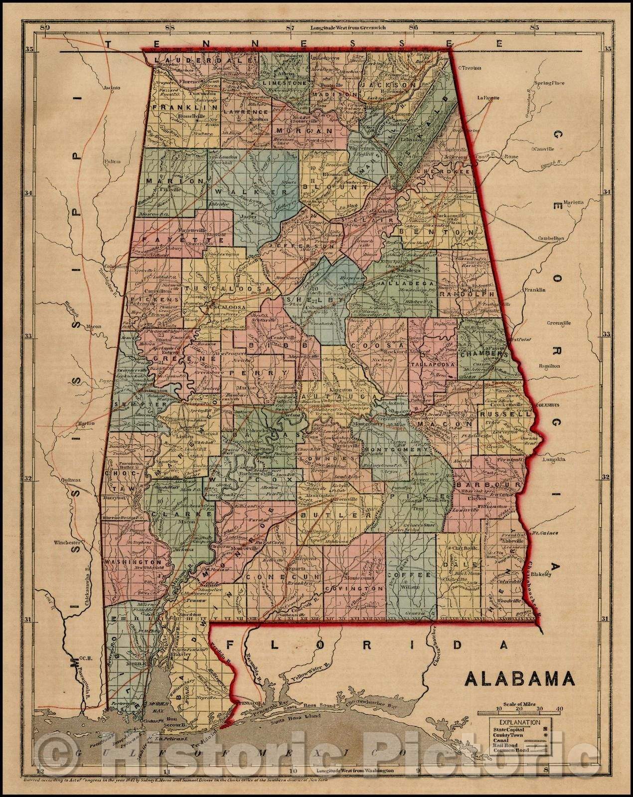 Historic Map - Alabama, 1856, Charles Morse - Vintage Wall Art ...
