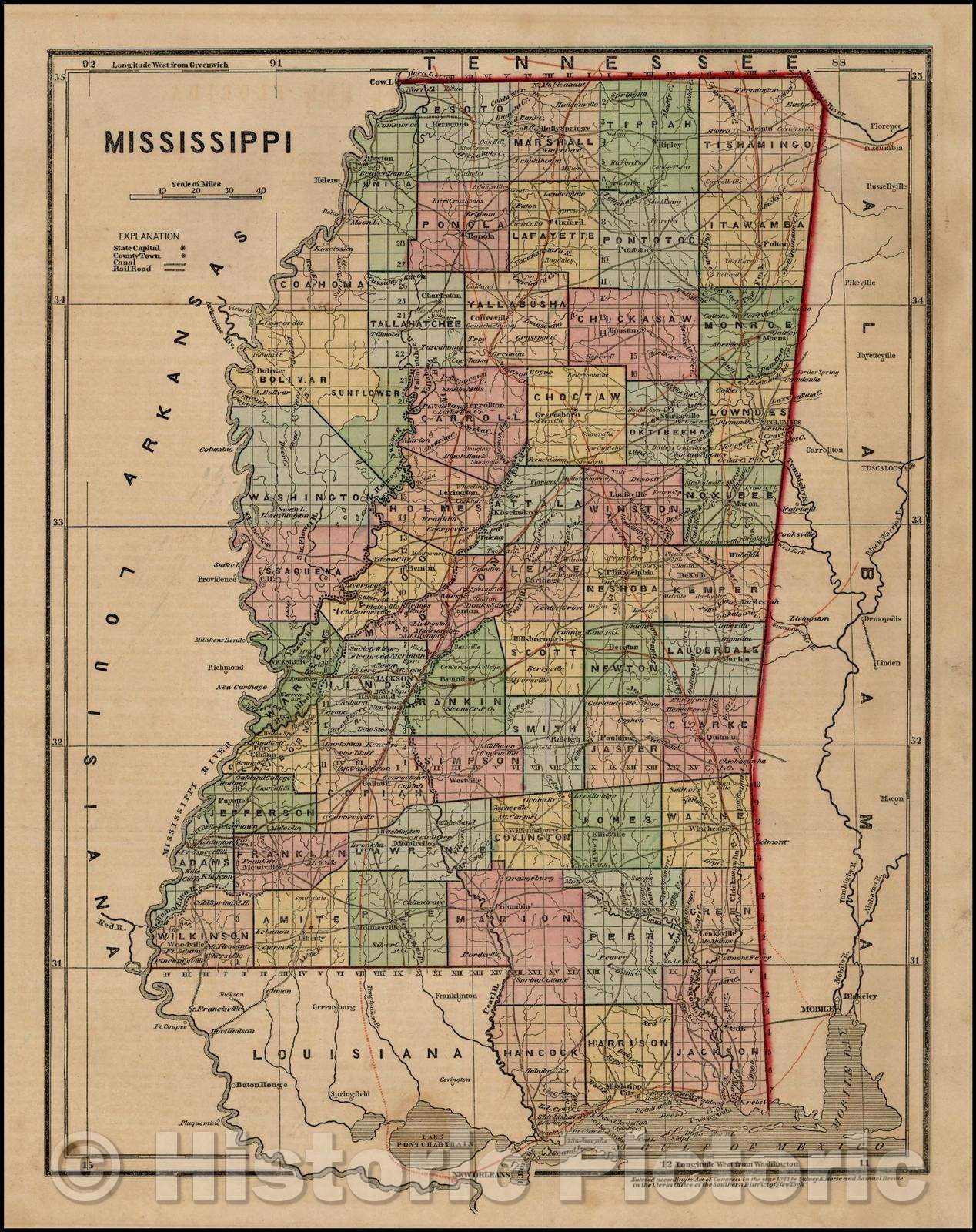 Historic Map - Mississippi, 1856, Charles Morse - Vintage Wall Art ...