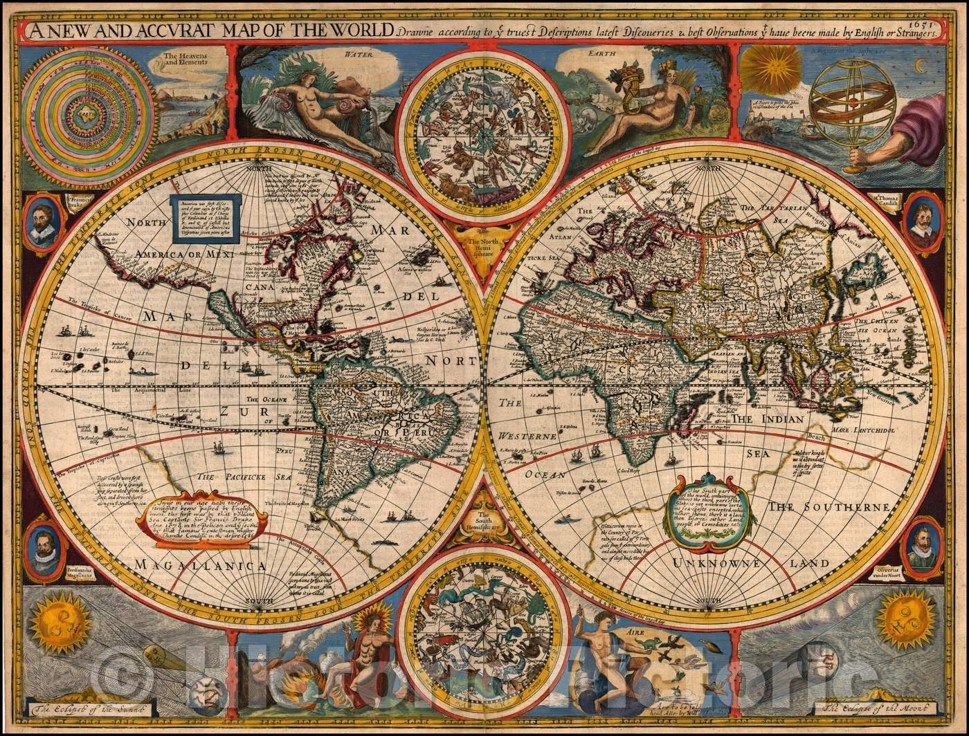 Historic Map - A New and Accurat Map of the World Drawne, 1651, John S ...