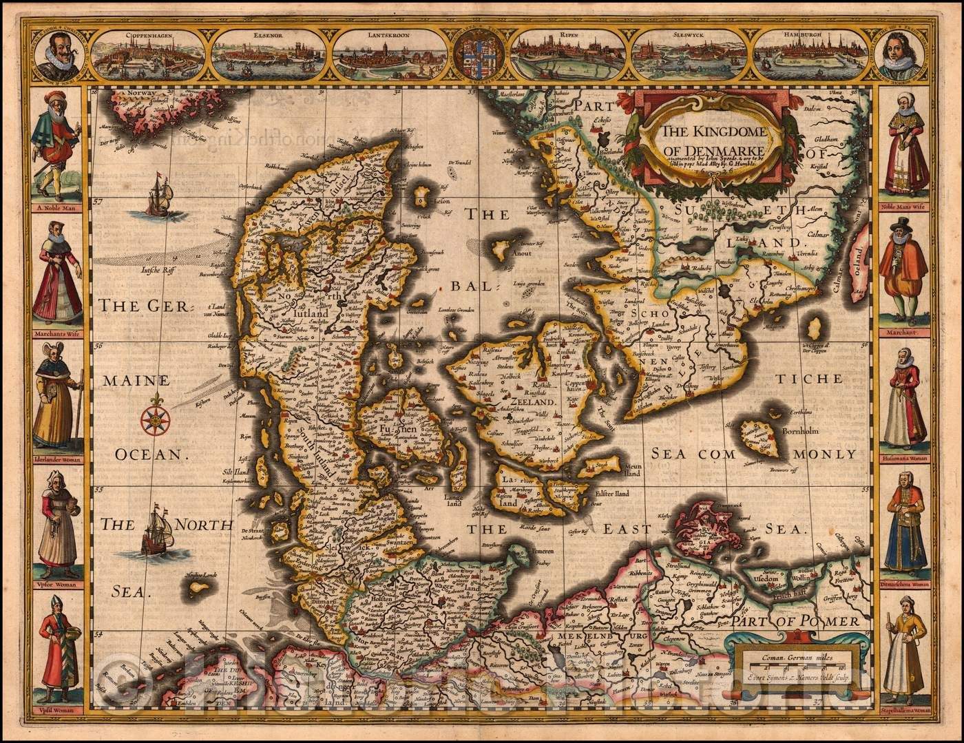 Historic Map - The Kingdome of Denmarke, 1651, John Speed - Vintage Wa ...