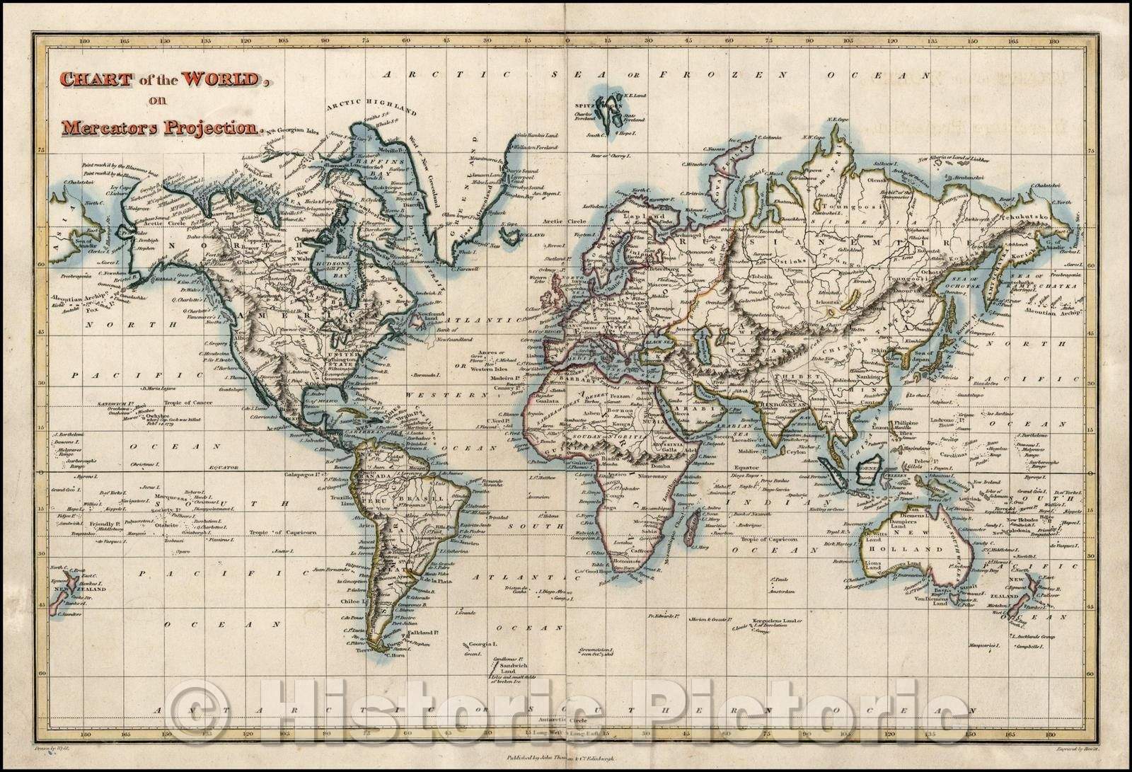 Historic Map - Chart of the World on Mercator's Projection, 1819, John ...