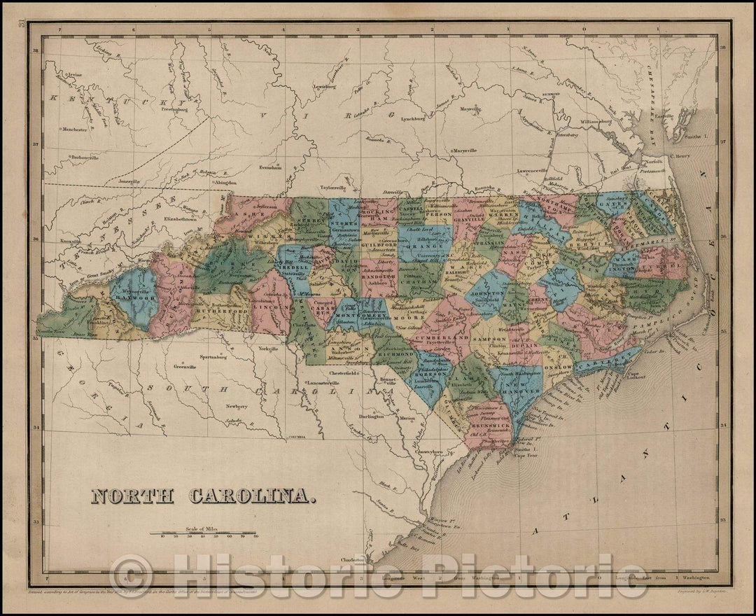 Historic Map - North Carolina, 1841, Thomas Gamaliel Bradford - Vintag ...
