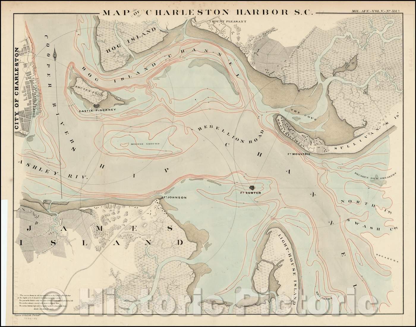 Historic Map - Map of Charleston Harbor S.C, 1860, Bowen & Co. - Vinta ...