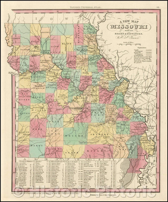 Historic Map - Missouri with its Roads & Distances, 1845, Henry Schenk ...