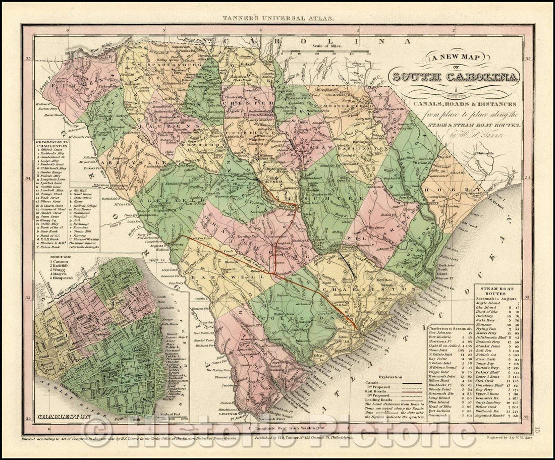 Historic Map - South Carolina with its Canals, Roads & Distances from ...