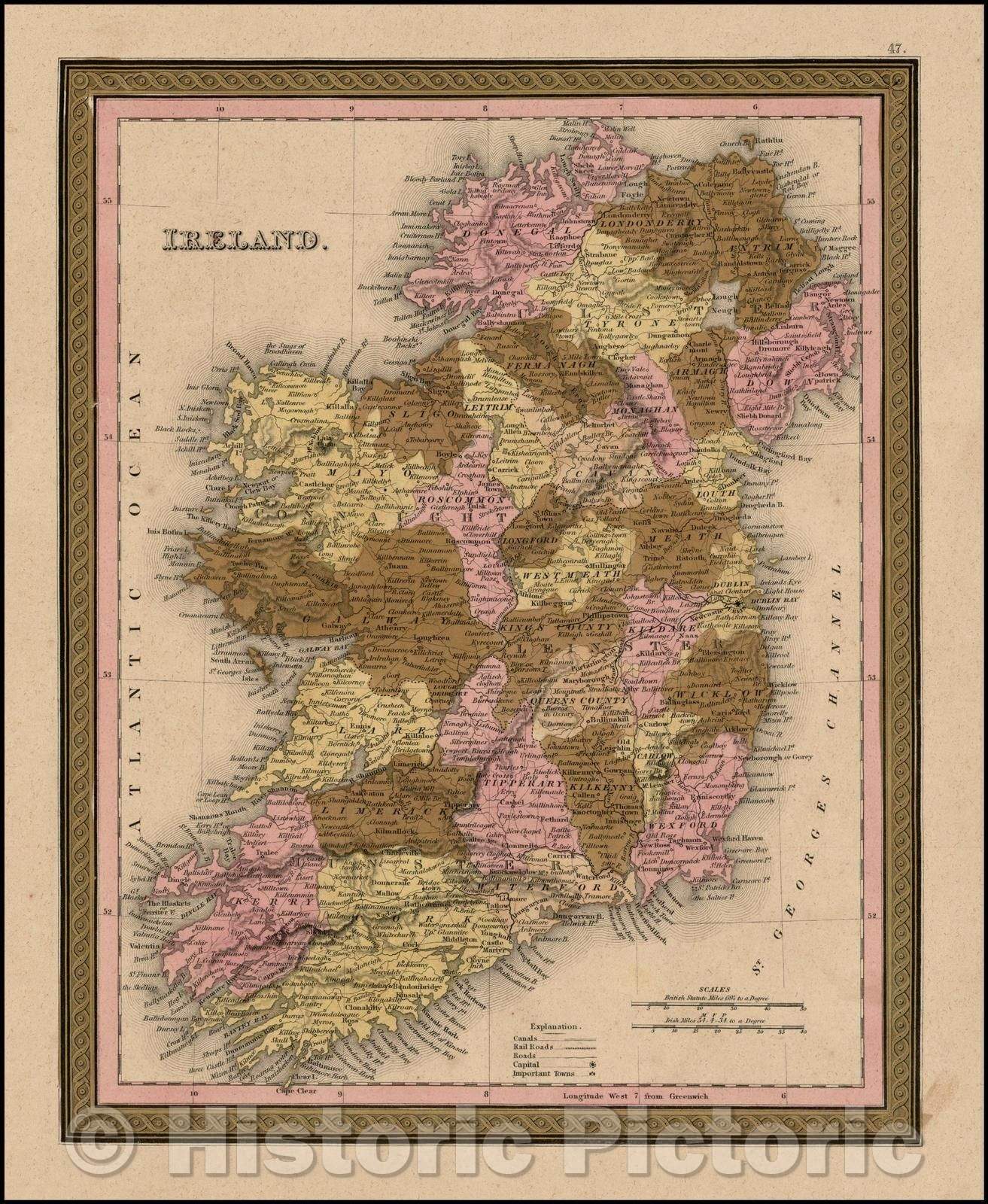 Historic Map - Ireland, 1844, Henry Schenk Tanner - Vintage Wall Art ...