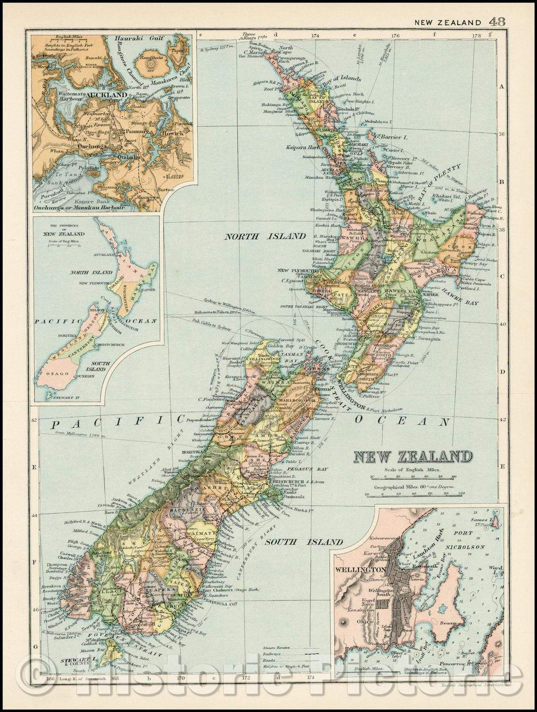 Historic Map - New Zealand (with insets of Auckland and Wellington), 1 ...
