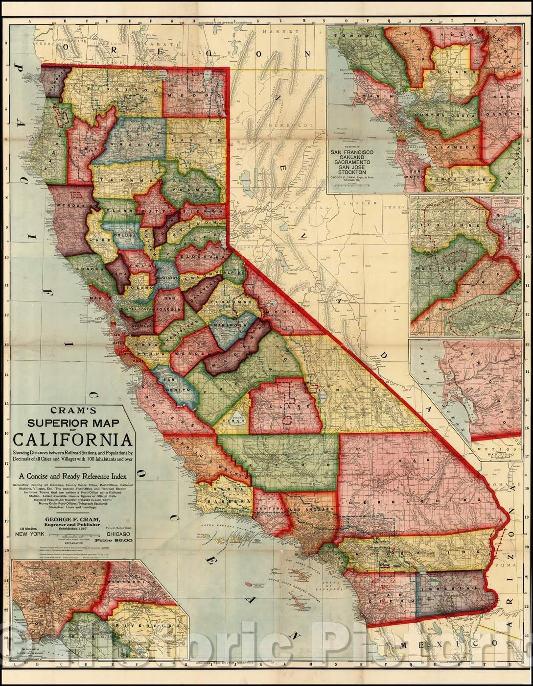 Historic Map - Cram's Superior Map of California Showing Distances bet ...