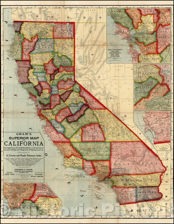 Historic Map - Cram's Superior Map of California Showing Distances bet ...